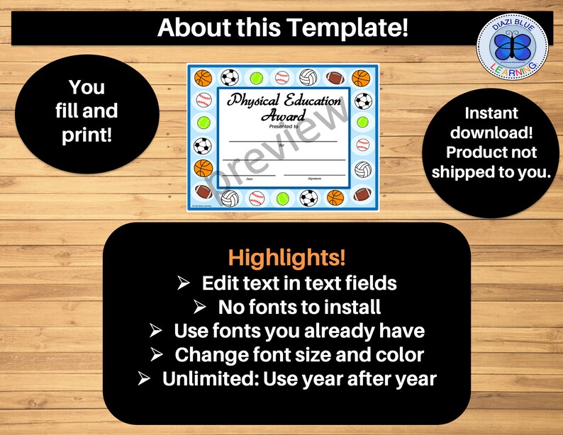 Physical Education Certificate, PE Certificate, Editable PE Certificate ...