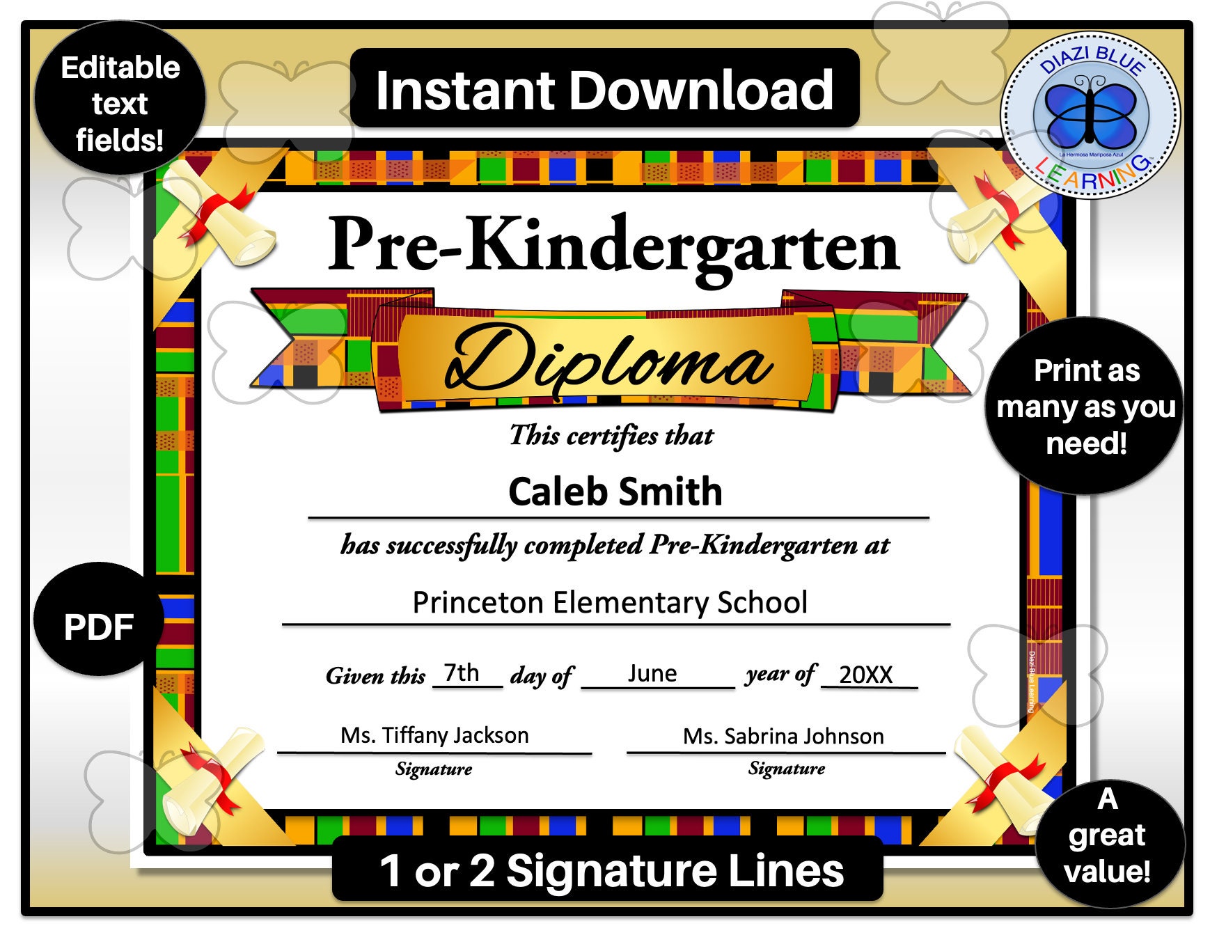 Pre-k Graduation Diploma, Editable Kente Pre-kindergarten Diploma, 1 or ...
