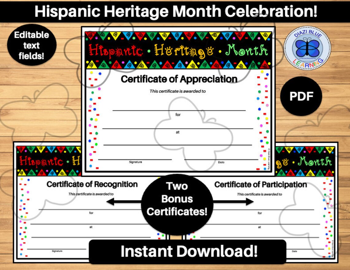 Hispanic Heritage Month Certificate of Appreciation With Bonus - Etsy UK