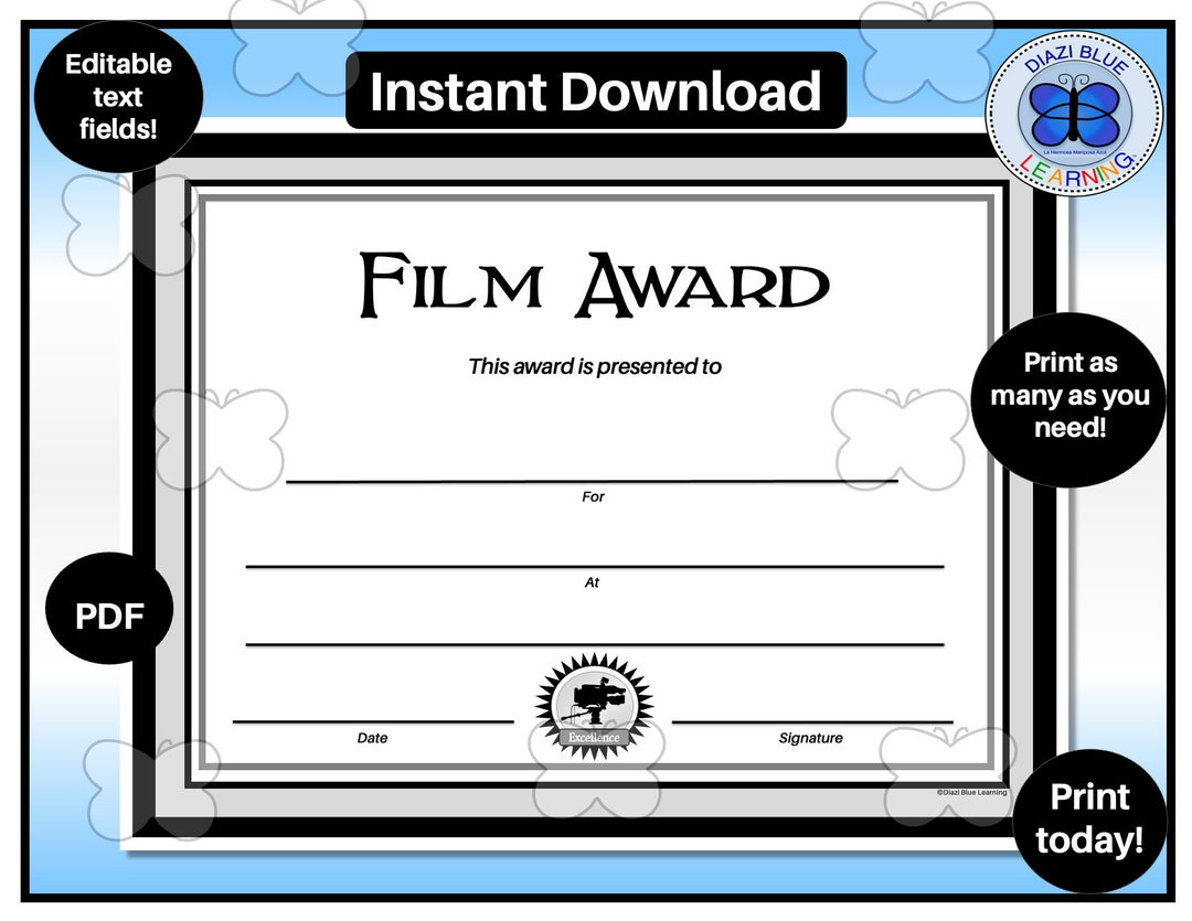 Editable Film Award PDF, Printable Film Certificate Award, End of Year ...