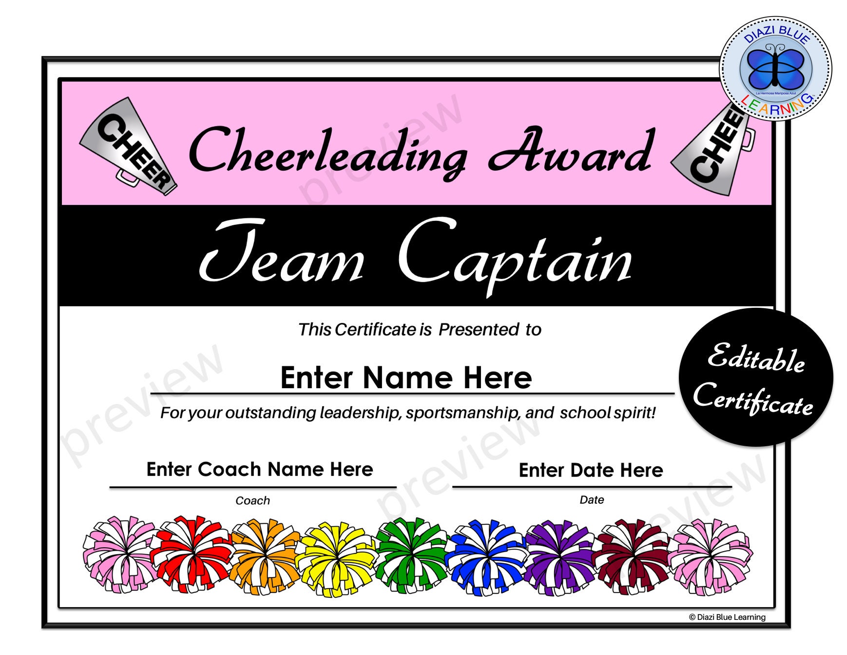 Cheerleading Certificates, Cheerleading Awards, Editable Cheerleader ...
