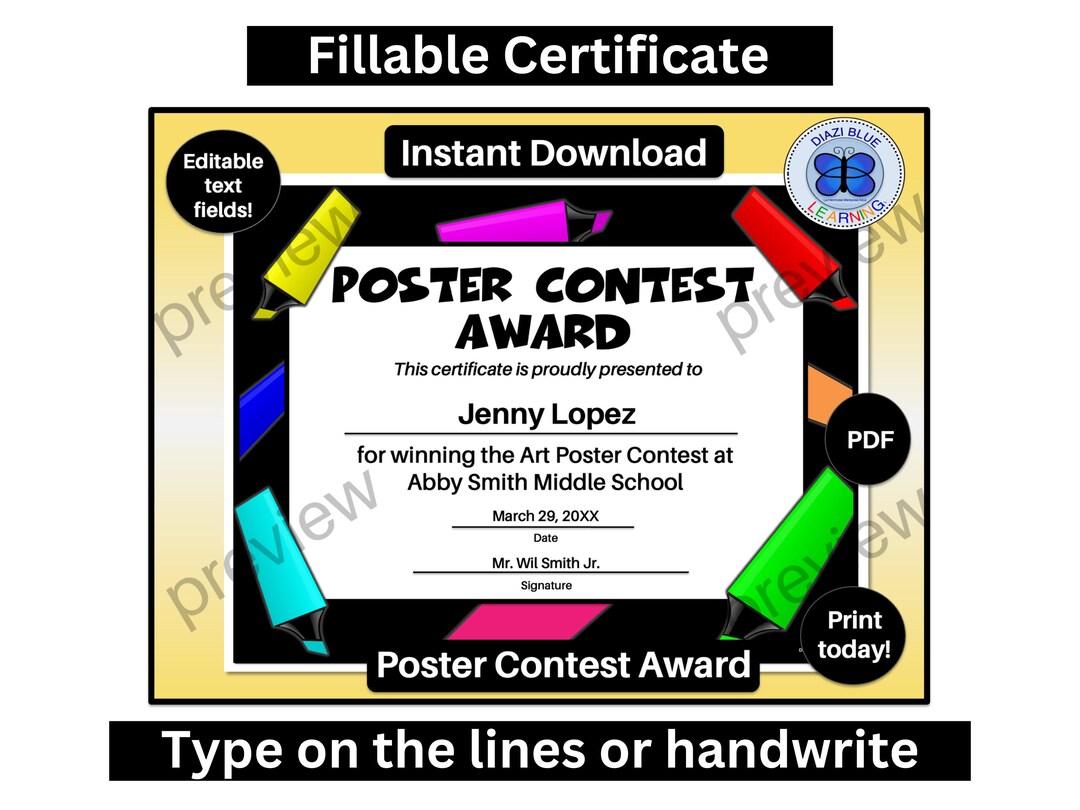 Poster Contest Award, Editable Poster Contest Certificate, PDF Poster ...