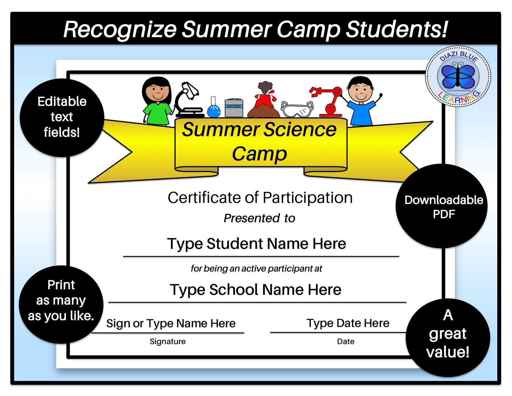 Summer Science Camp Certificates, Editable Summer Science Camp ...