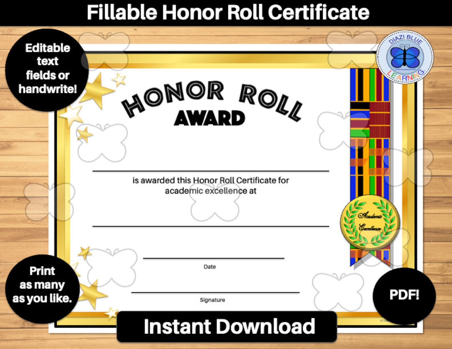 Kente Fillable Honor Roll PDF Certificate 2, Editable Kente Honor Roll ...
