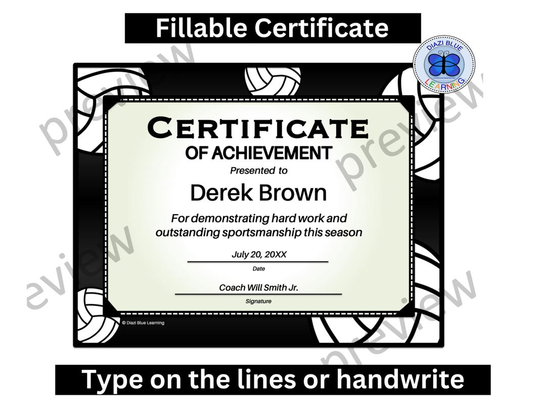 Editable Volleyball Certificate, Volleyball Certificate With 1 or 2 ...