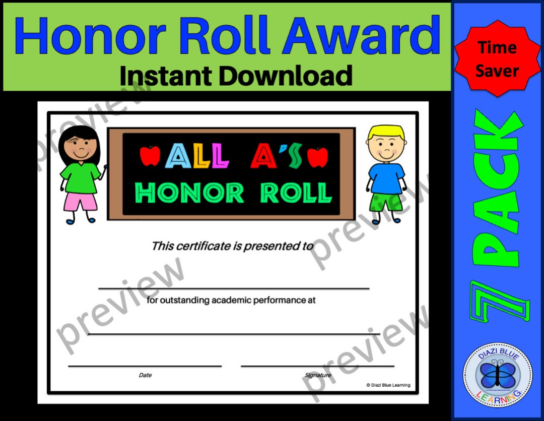 Honor Roll Certificates, 7 Pack Honor Roll Certificates, Fillable Honor ...