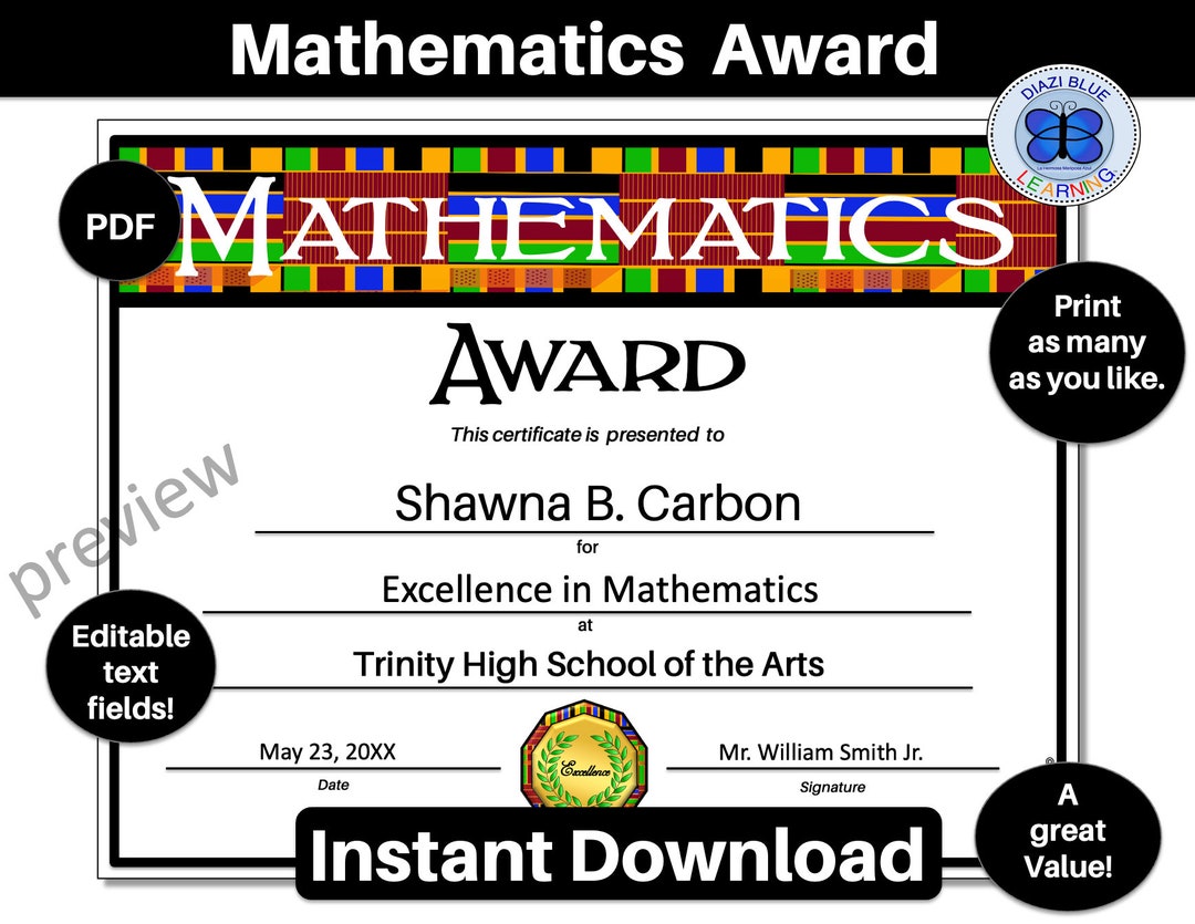 Kente Mathematics Award Certificate, Editable Math Certificate, School ...
