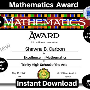 Kente Mathematics Award Certificate, Editable Math Certificate, School ...