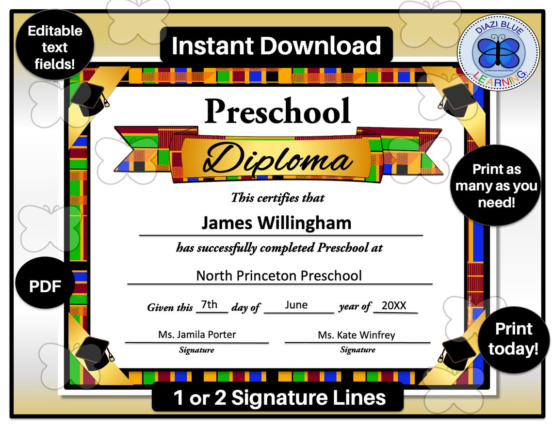 Preschool Graduation Diploma, Editable Kente Preschool Diploma, 1 or 2 ...