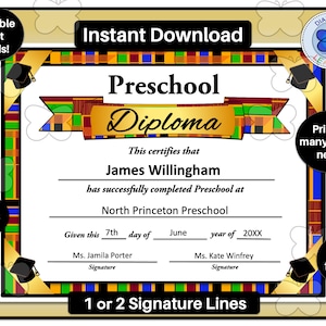 Preschool Graduation Diploma, Editable Kente Preschool Diploma, 1 or 2 ...