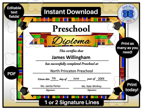 Preschool Graduation Diploma Editable Kente Preschool - Etsy