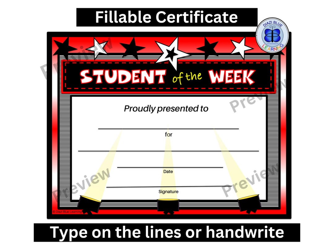 Student of the Week Certificate, Editable PDF Student of the Week Award ...