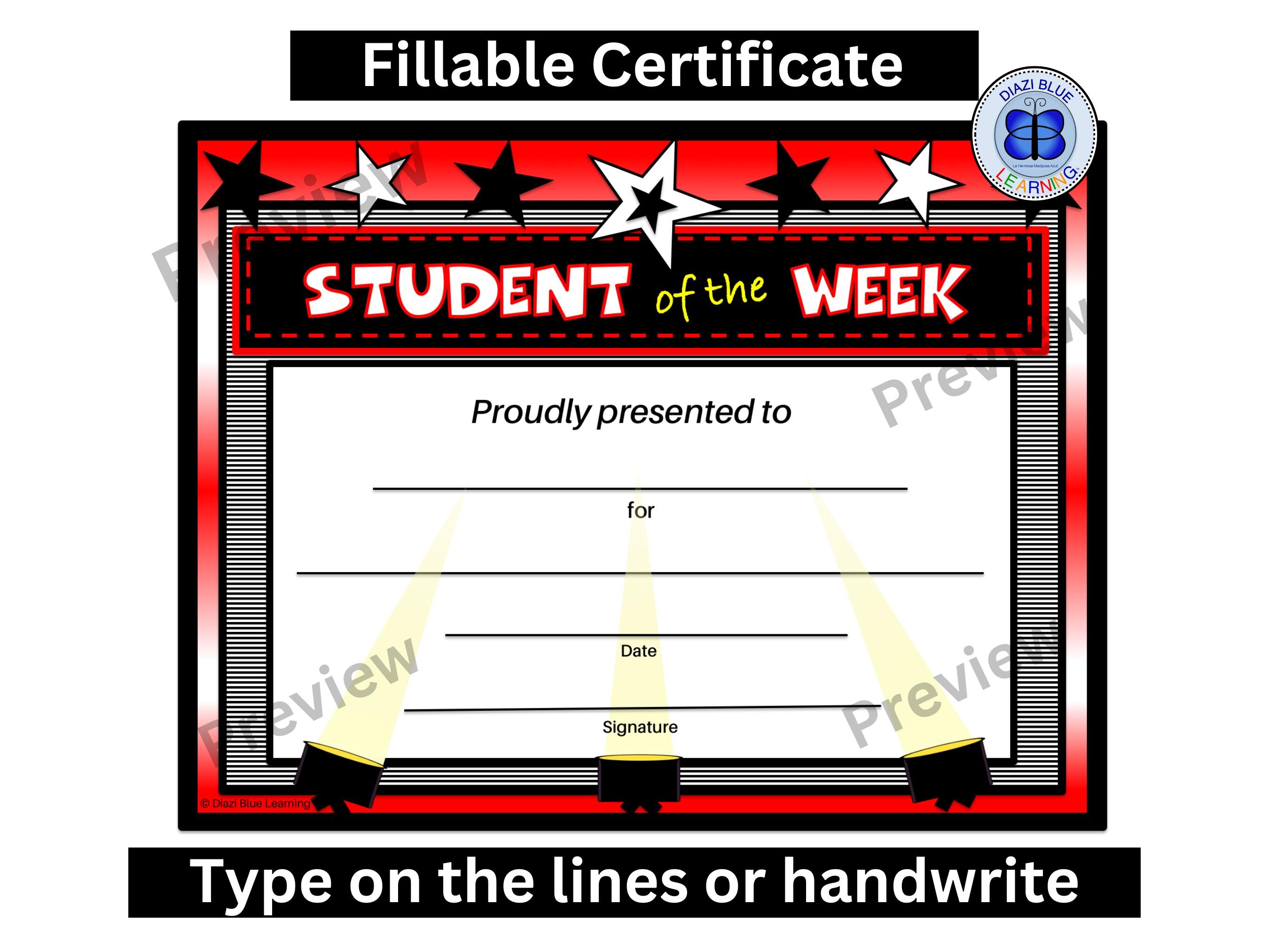 Student of the Week Certificate, Editable PDF Student of the Week Award ...
