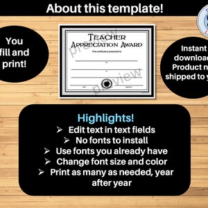 Teacher Appreciation Award PDF, Editable Teacher Appreciation ...