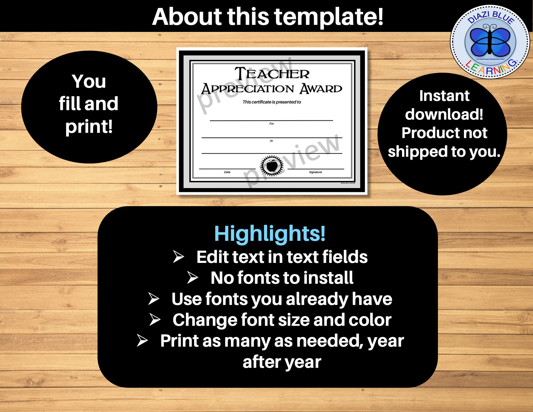 Teacher Appreciation Award PDF, Editable Teacher Appreciation ...