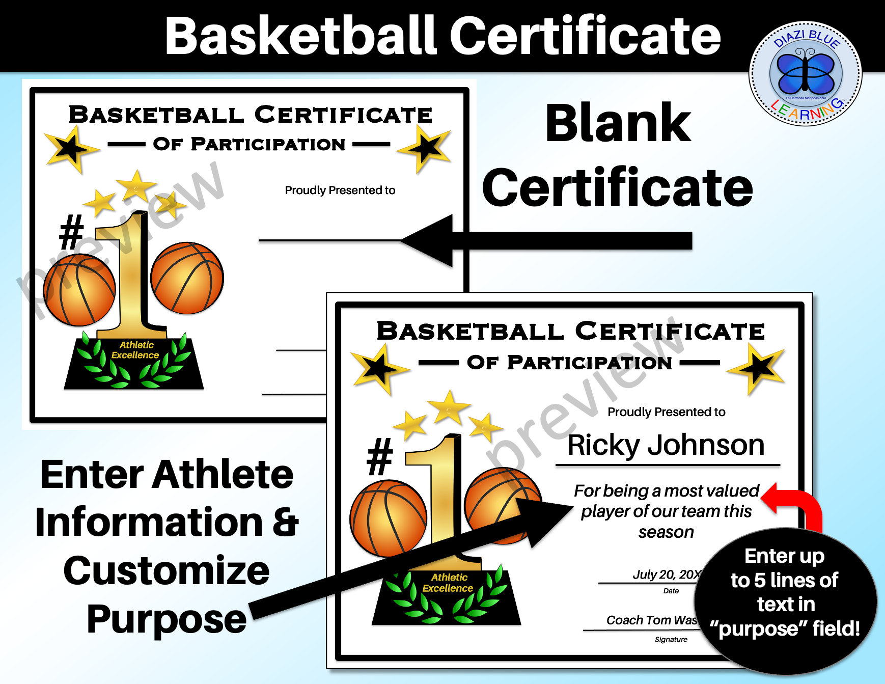 Editable Basketball Certificate, PDF Basketball Certificate, Basketball ...