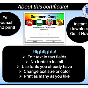 Summer Camp Certificates, Editable Summer Camp Certificates, Printable ...