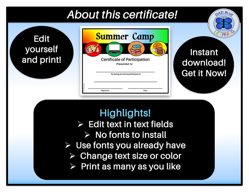 Summer Camp Certificates, Editable Summer Camp Certificates, Printable ...