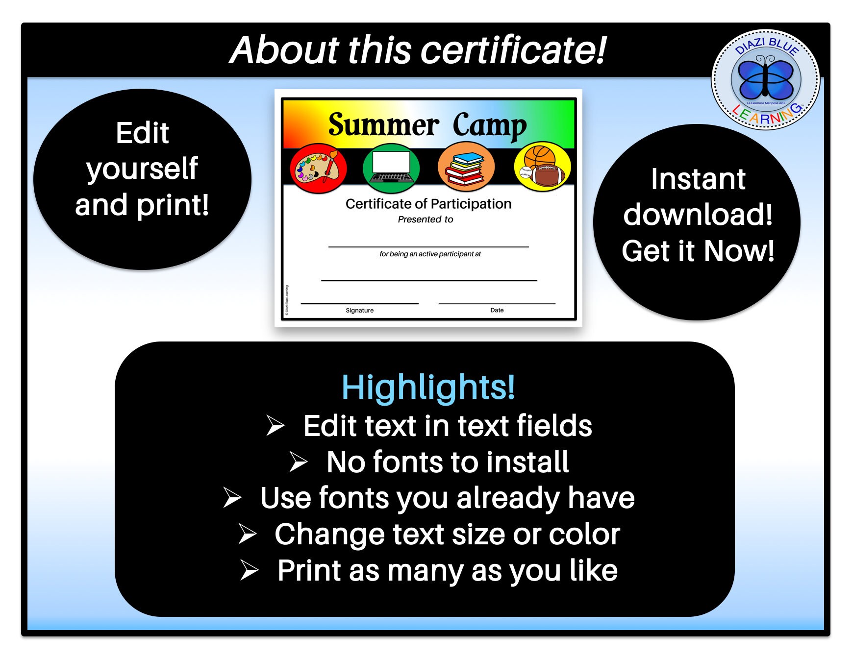 Summer Camp Certificates, Editable Summer Camp Certificates, Printable ...