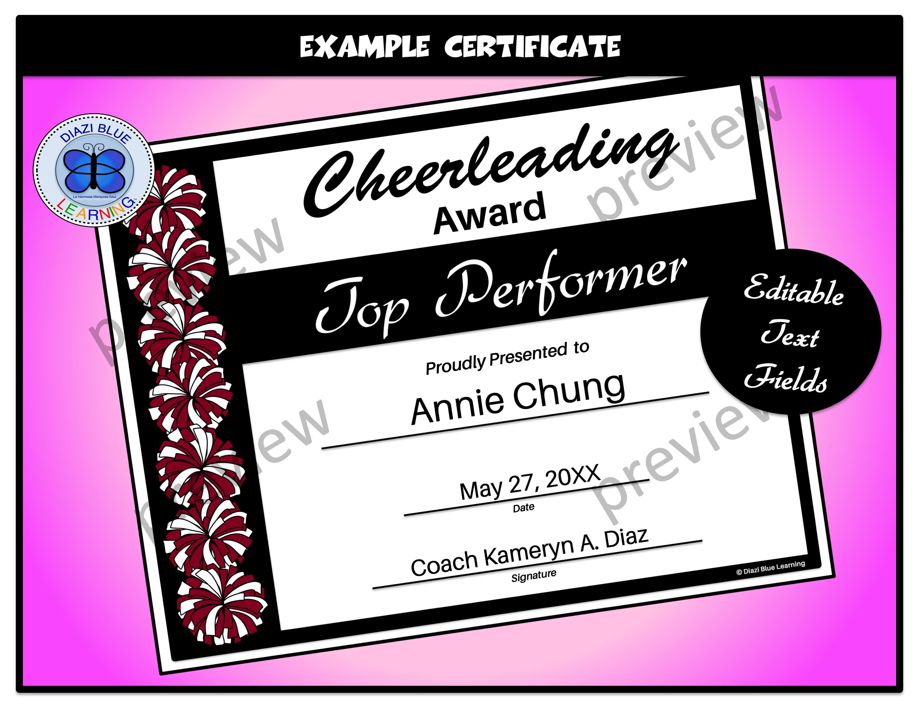 Burgundy and White Cheerleading Certificates, Cheerleading Awards ...