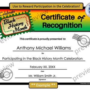 Black History Month Certificate of Recognition, Editable Black History ...