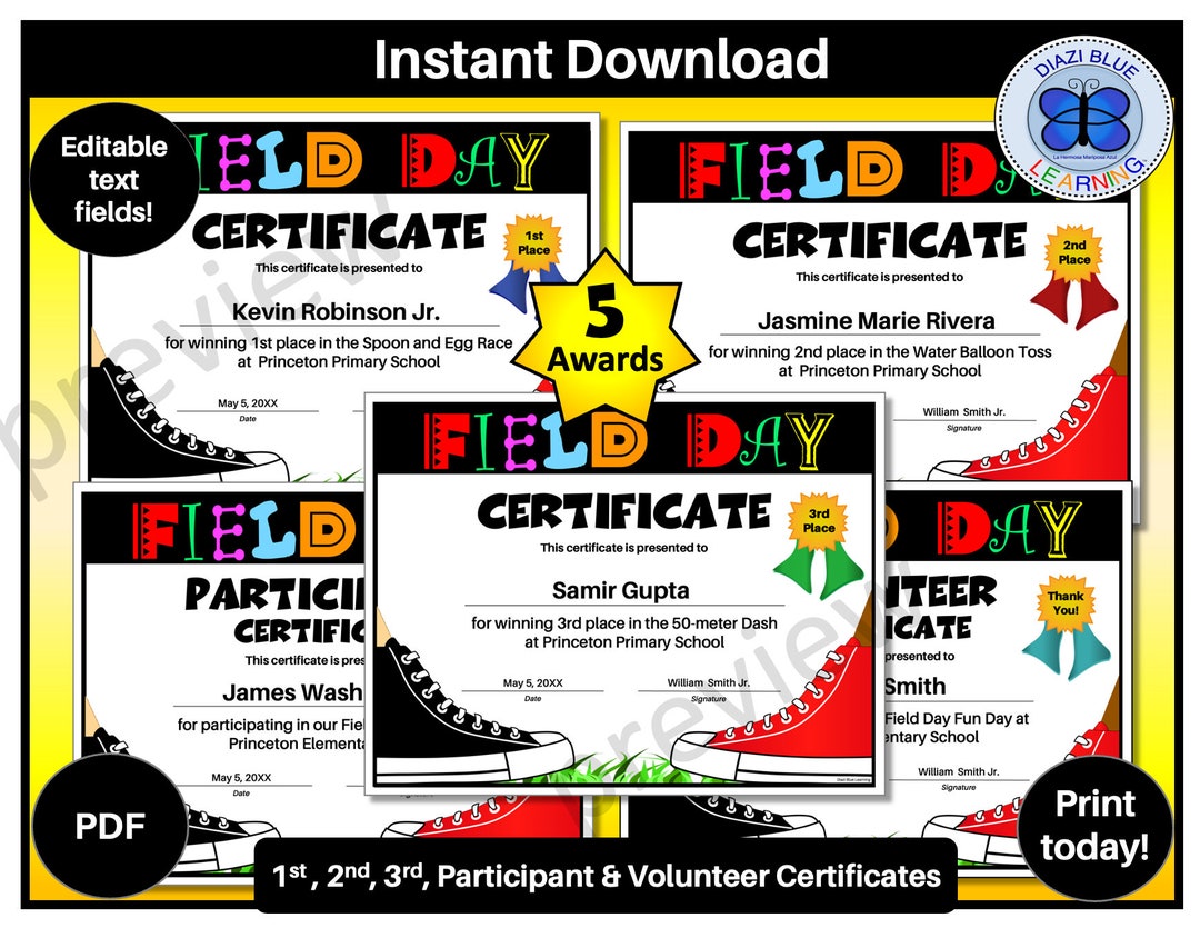 Field Day Award Set 3, Editable Field Day Certificate PDF, Field Day ...