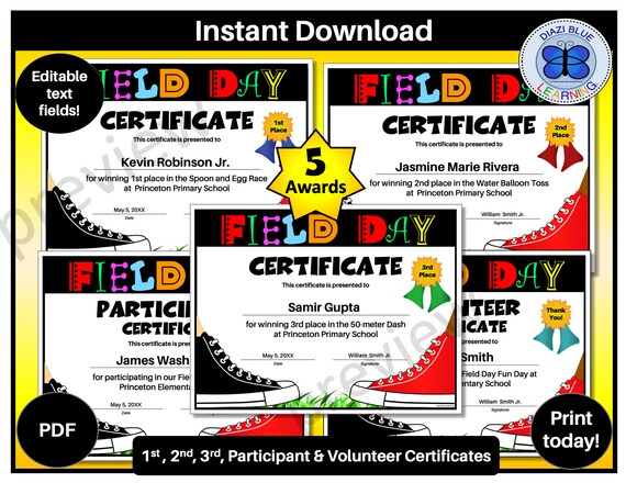 Field Day Award Set 3 Editable Field Day Certificate PDF - Etsy