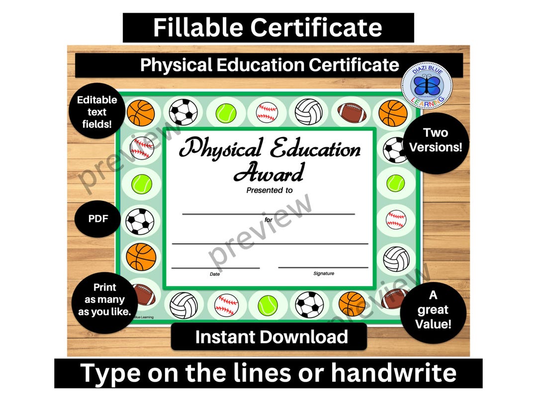 Physical Education Certificate, Editable PE Certificate, Editable PE ...