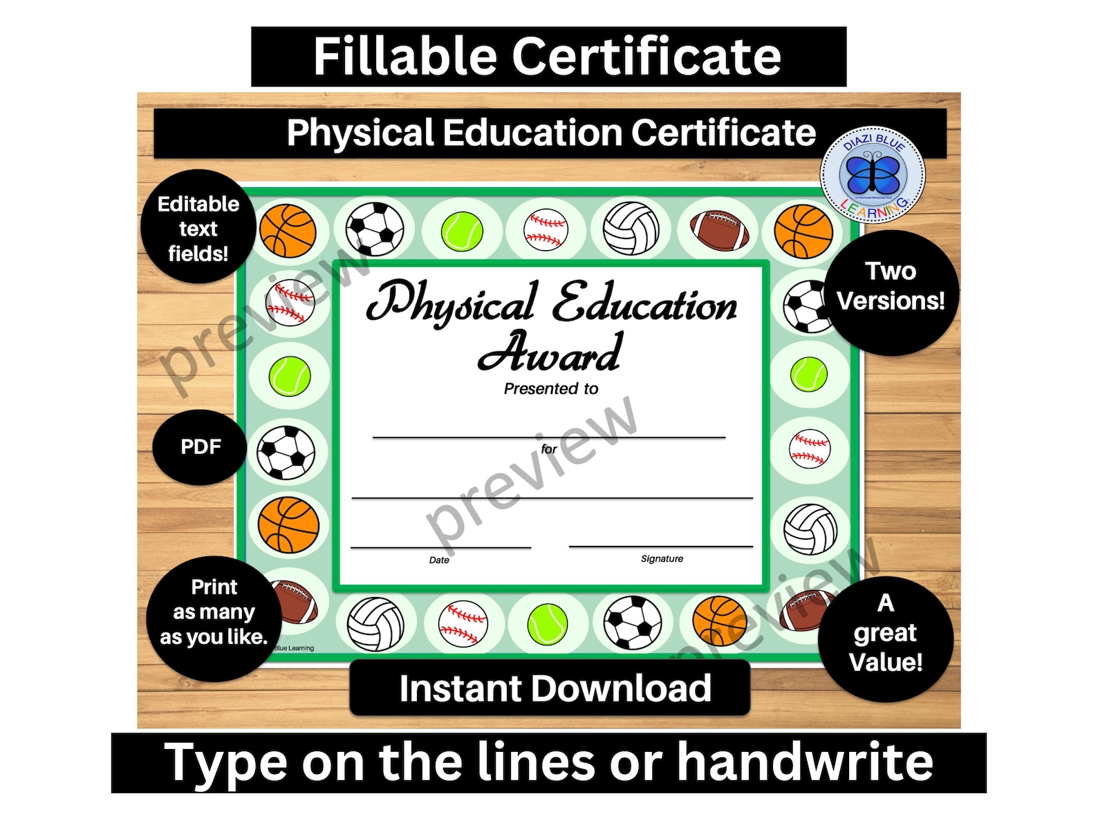 Physical Education Certificate, Editable PE Certificate, Editable PE ...