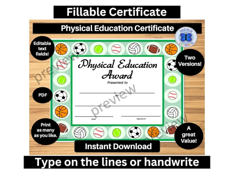 Physical Education Certificate, Editable PE Certificate, Editable PE ...
