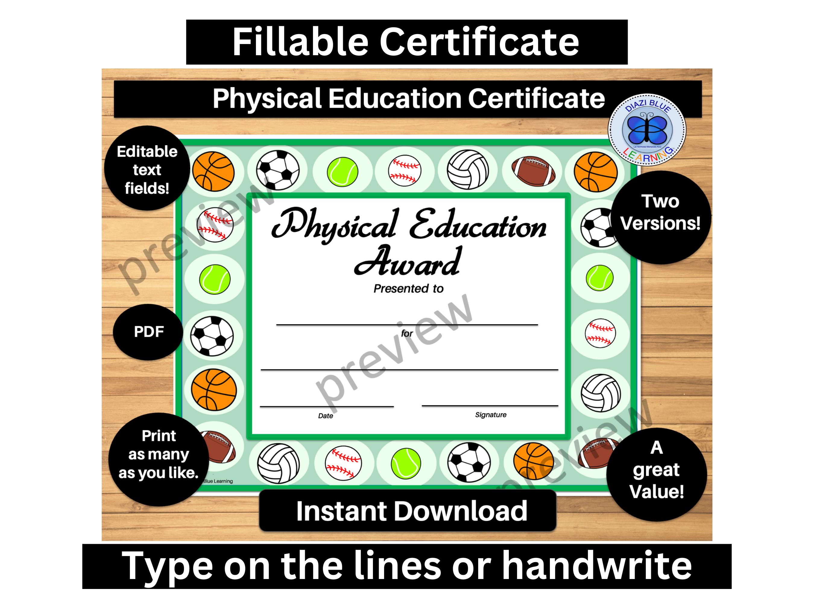 Physical Education Certificate, Editable PE Certificate, Editable PE ...