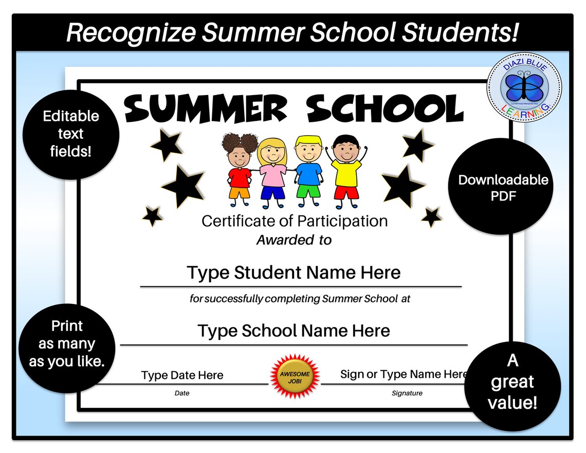 Summer School Certificate, Editable Summer School Certificate ...