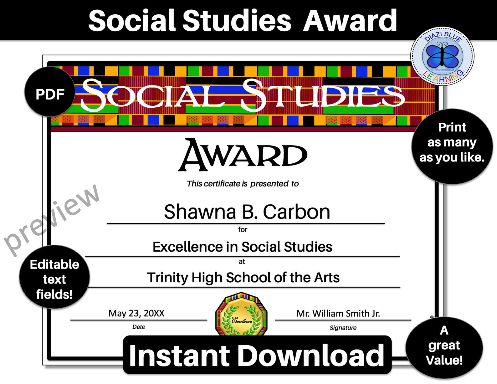 Kente Social Studies Award Certificate, Editable Social Studies ...