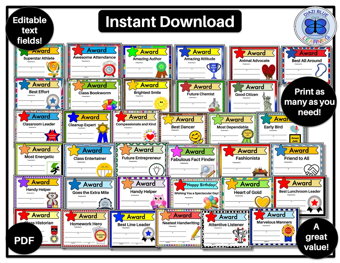 70 End of Year Award Certificates, Editable Student Certificates, End ...