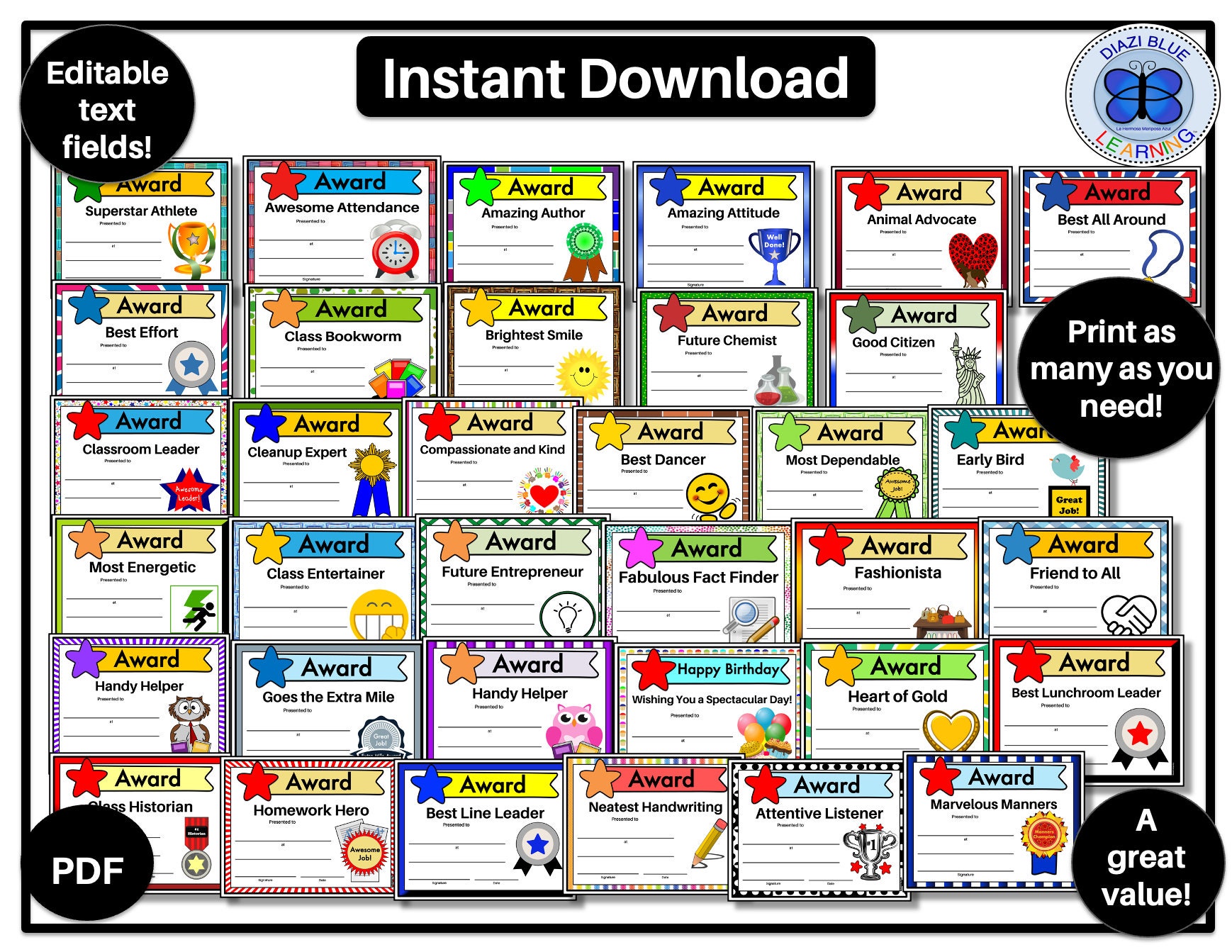 70 End of Year Award Certificates, Editable Student Certificates, End ...
