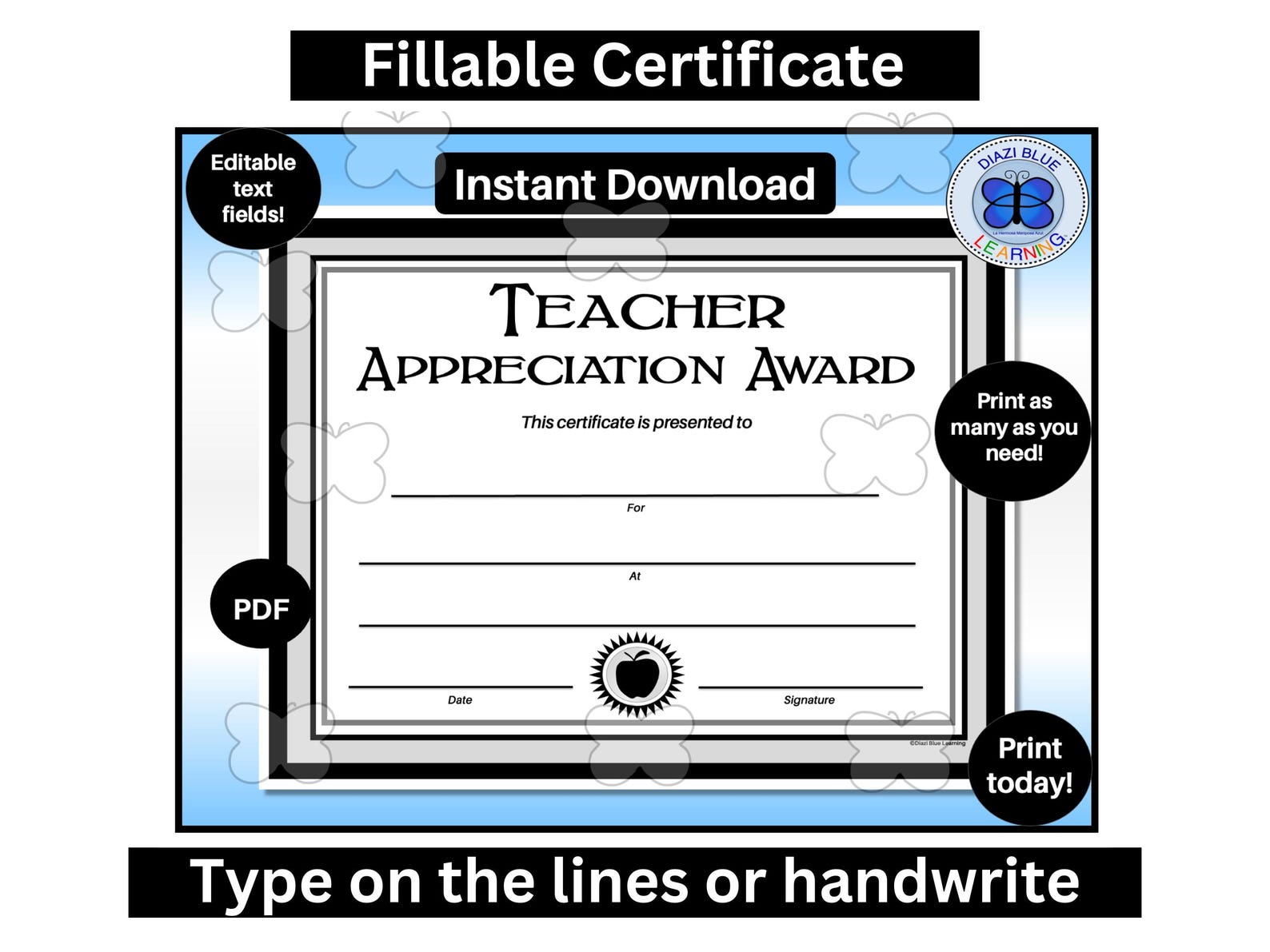 Teacher Appreciation Award PDF, Editable Teacher Appreciation ...