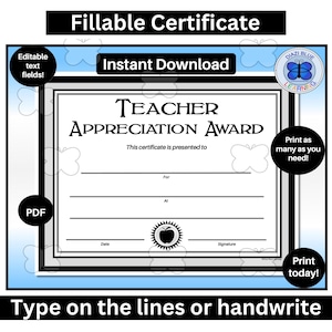 Teacher Appreciation Award PDF, Editable Teacher Appreciation ...