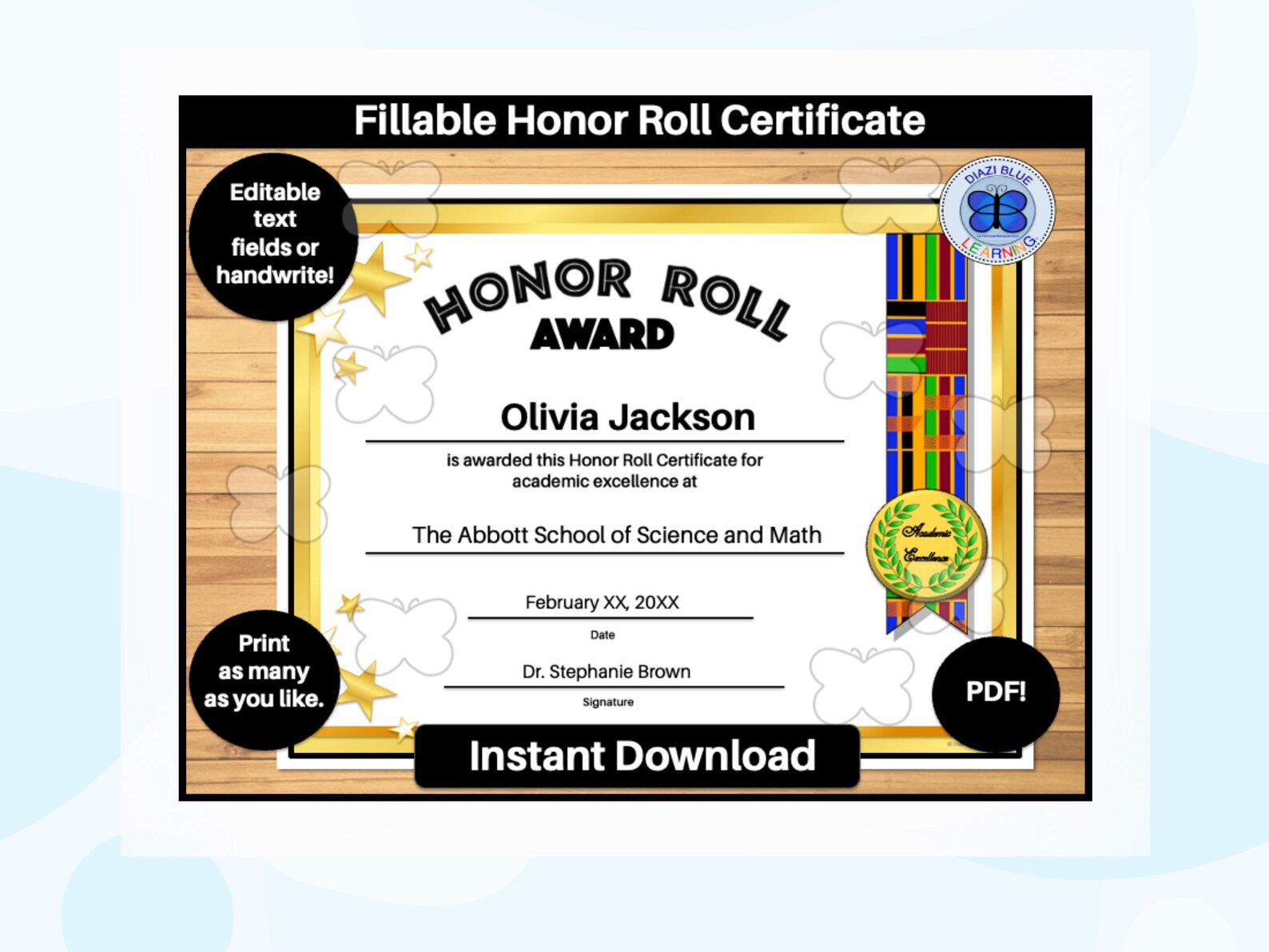 Kente Fillable Honor Roll PDF Certificate 2, Editable Kente Honor Roll ...
