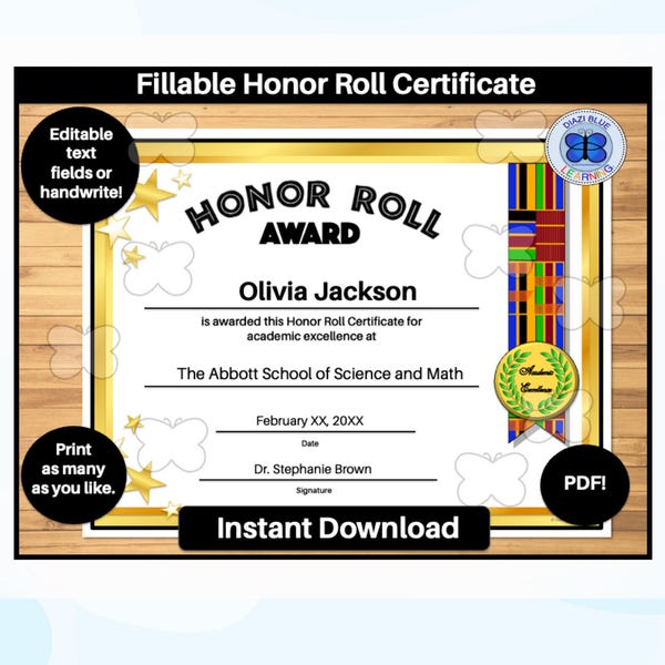 Kente Fillable Honor Roll PDF Certificate 1, Editable Kente Honor Roll ...