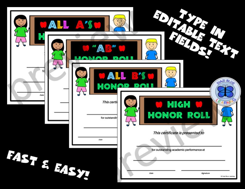 Honor Roll Certificates, 7 Pack Honor Roll Certificates, Fillable Honor ...