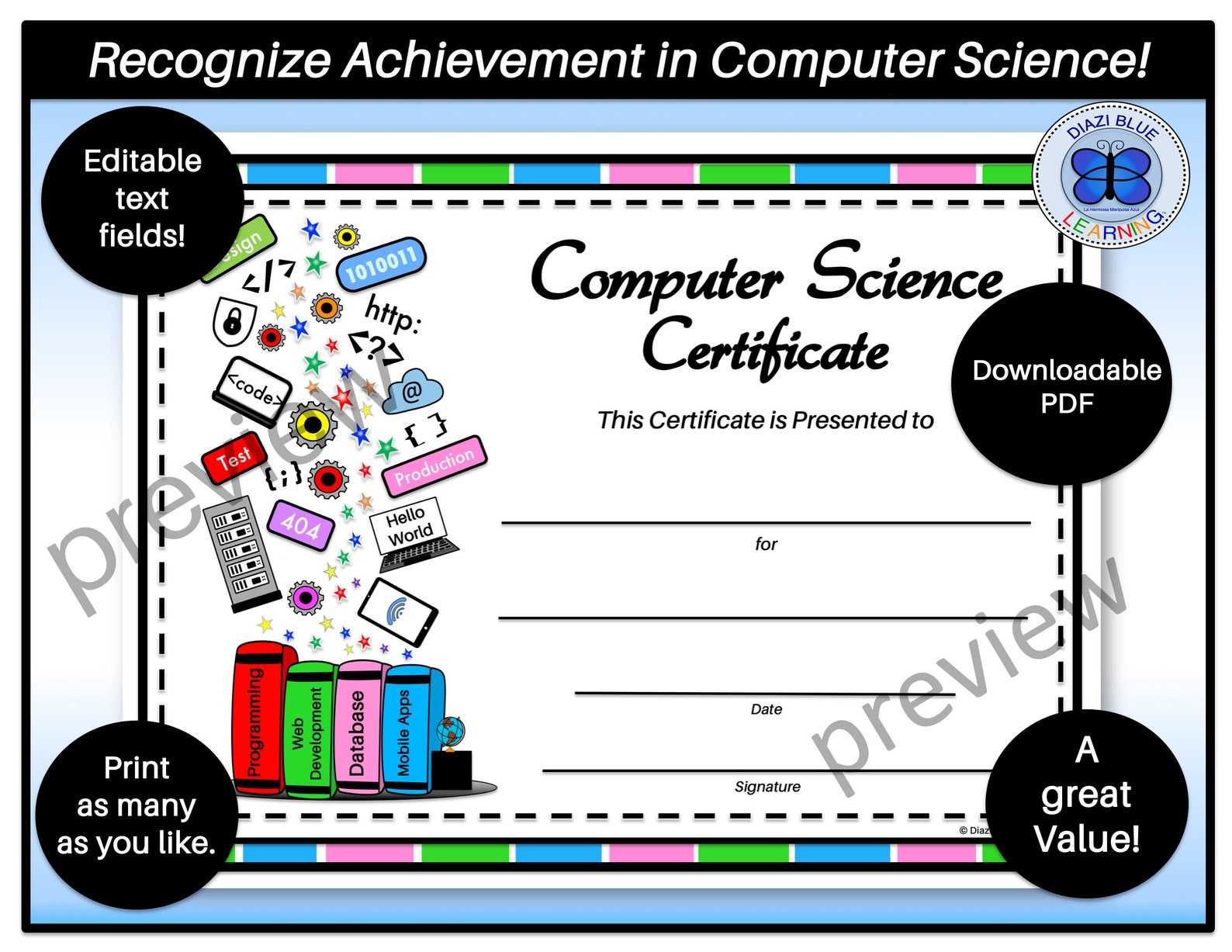 Computer Science Certificate, Coding Award, Coding Certificates, Coding ...
