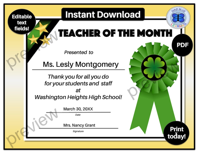 March Teacher of the Month Certificate, March Teacher of the Month ...