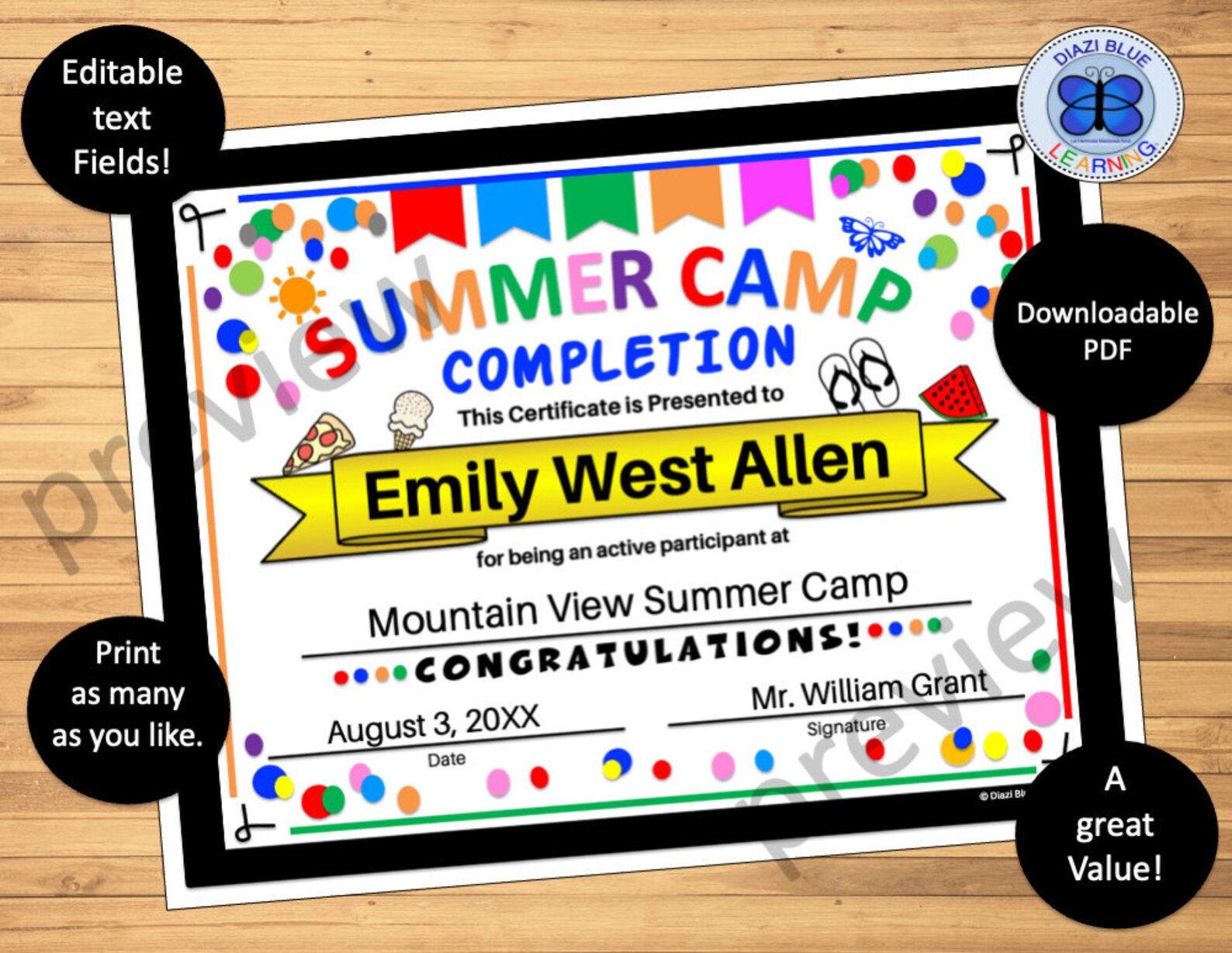 Summer Camp Fun Certificate, Summer Camp Participant Award, Fillable ...