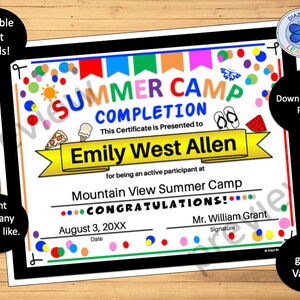 Summer Camp Fun Certificate, Summer Camp Participant Award, Fillable ...