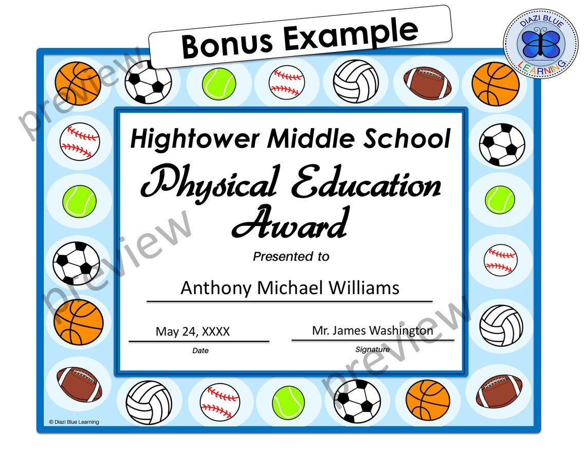 Physical Education Certificate PE Certificate Editable PE | Etsy