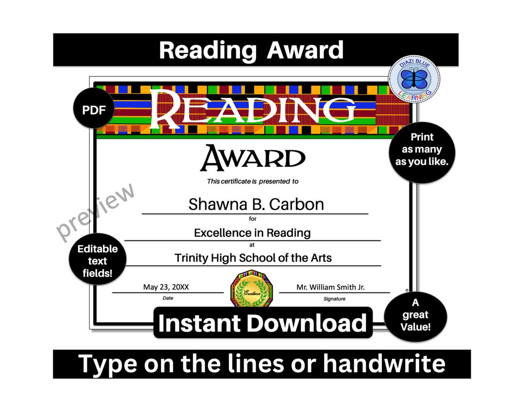 Kente Reading Award Certificate, Editable Reading Certificate, School ...