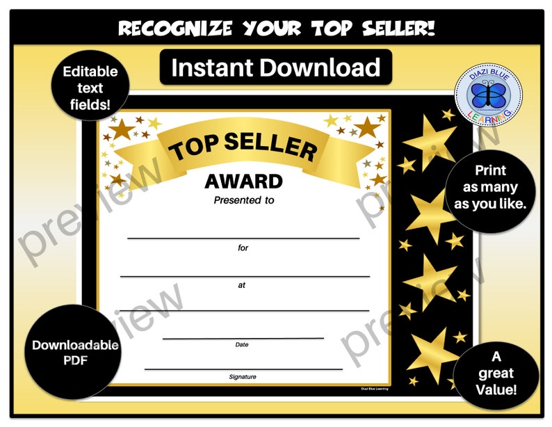 Top Seller Award, Top Seller Certificate of Recognition, School ...