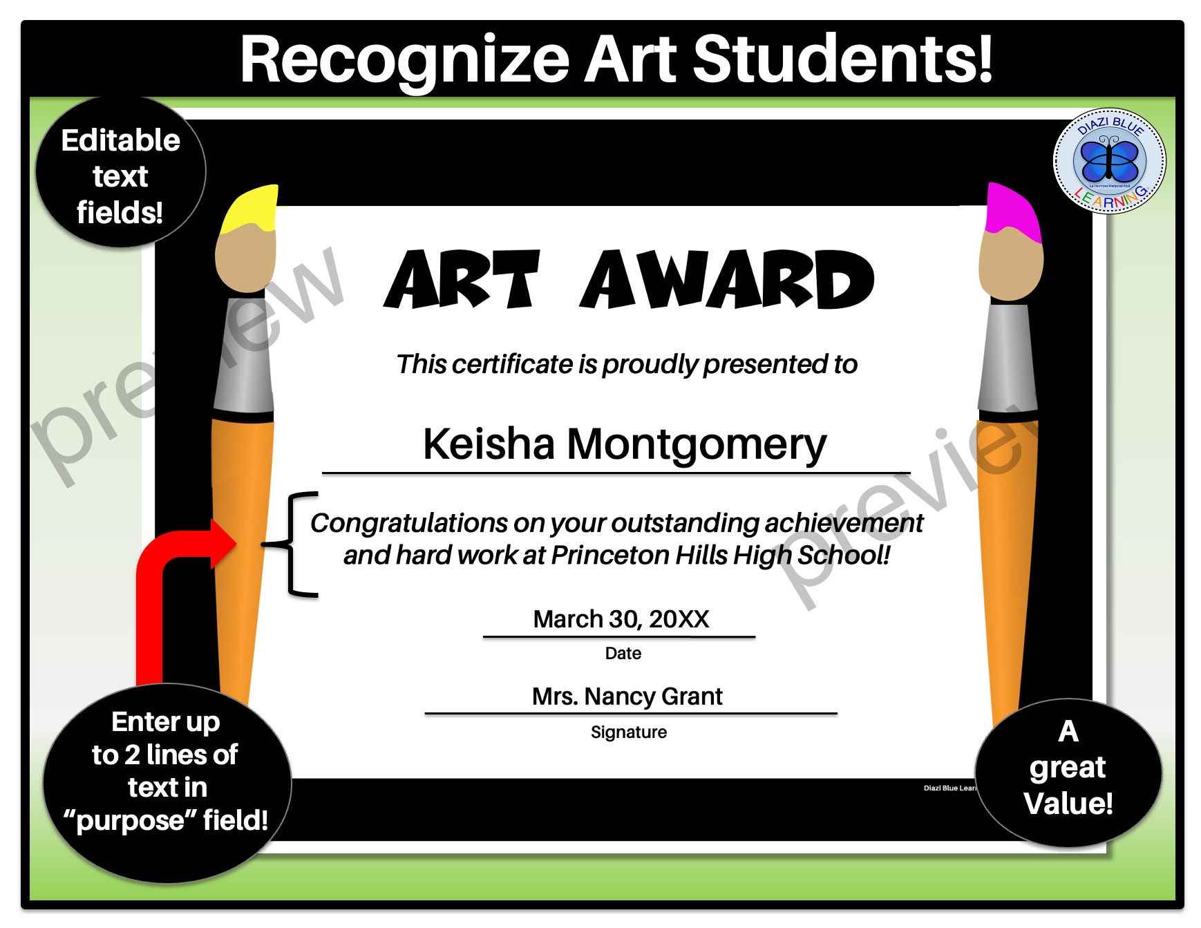 Art Certificate, PDF Art Award, Editable Art Certificate, End of Year ...