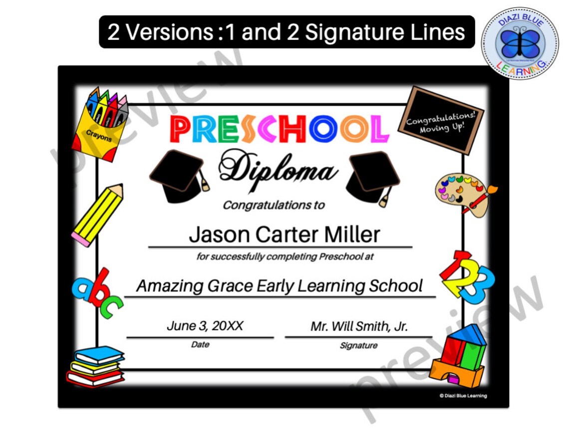 Preschool Diploma, Preschool Graduation Diploma, Fillable Preschool ...