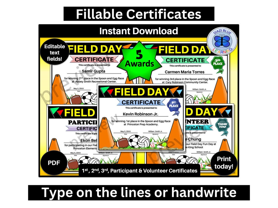 Field Day Award Set #2, Editable Field Day Certificate PDF, Field Day ...